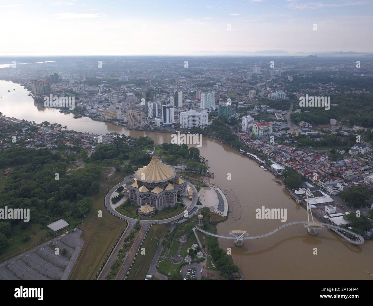 Aerial view of the Kuching city area, with the rivers, bridges, hills ...