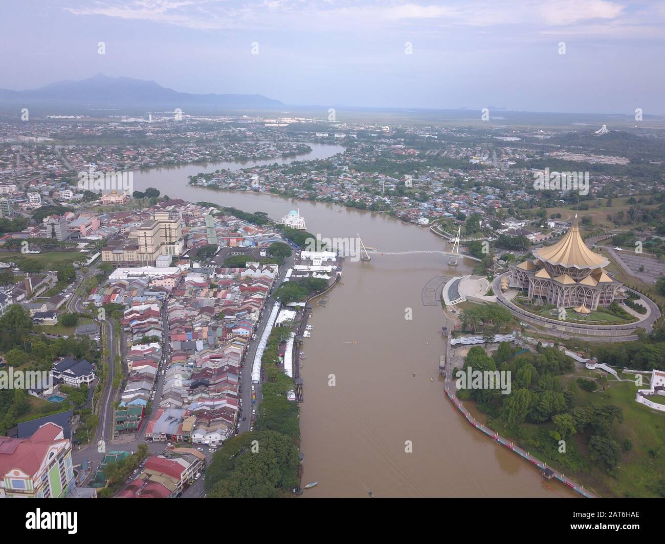 Aerial view of the Kuching city area, with the rivers, bridges, hills ...