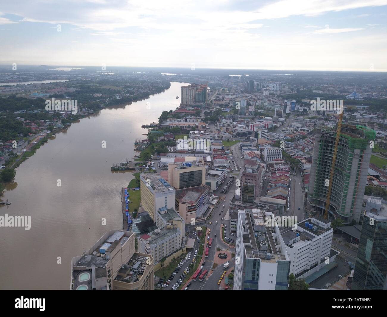 Aerial view of the Kuching city area, with the rivers, bridges, hills ...