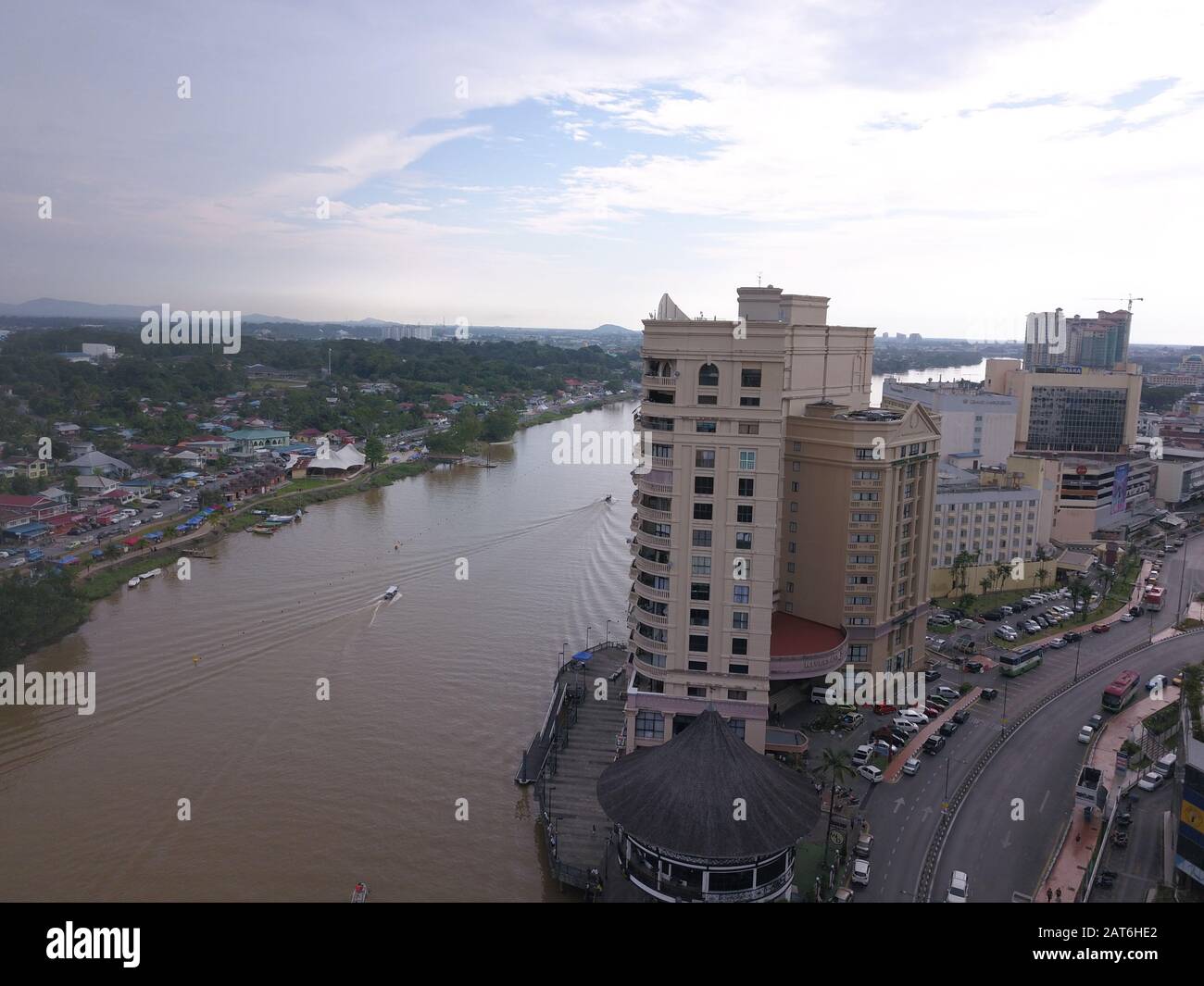 Aerial view of the Kuching city area, with the rivers, bridges, hills ...