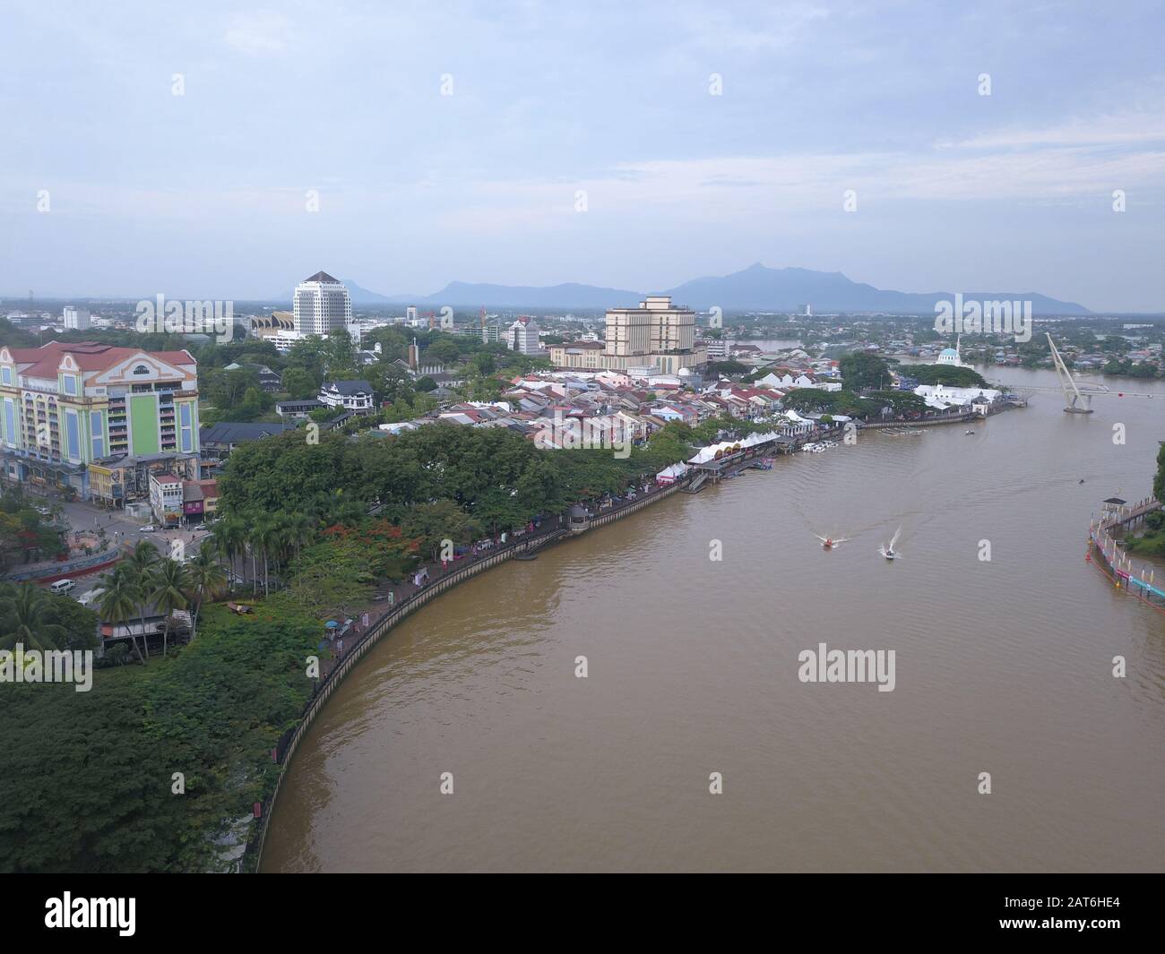 Aerial view of the Kuching city area, with the rivers, bridges, hills ...