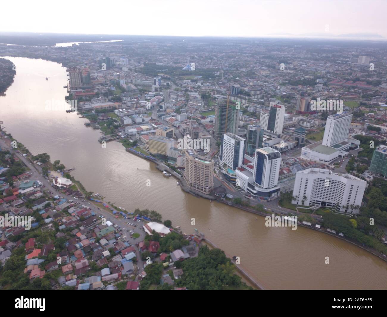 Aerial view of the Kuching city area, with the rivers, bridges, hills ...