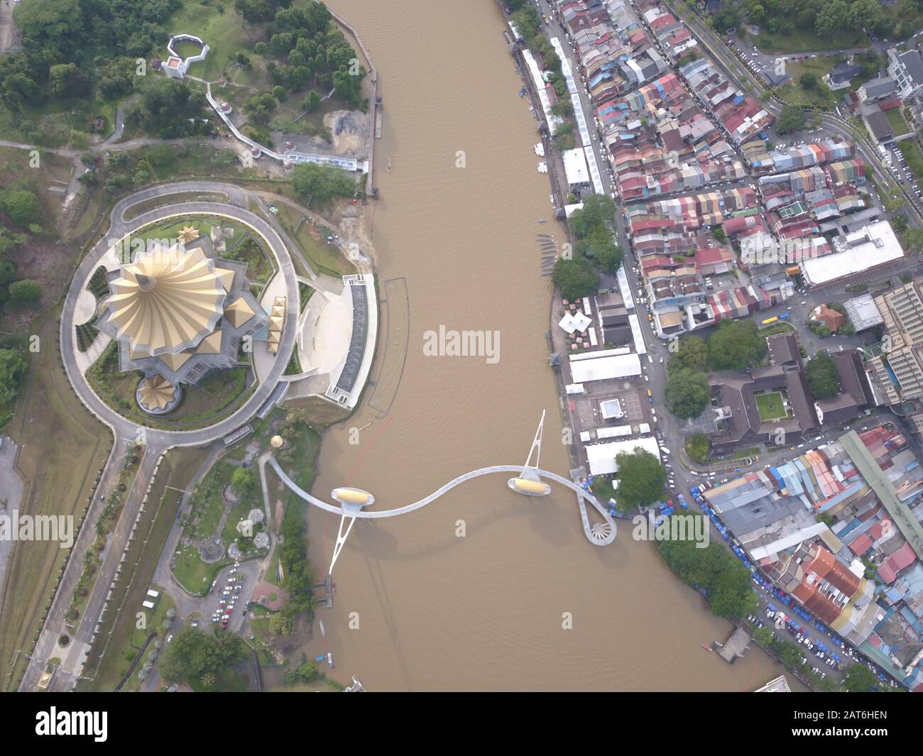 Aerial view of the Kuching city area, with the rivers, bridges, hills ...