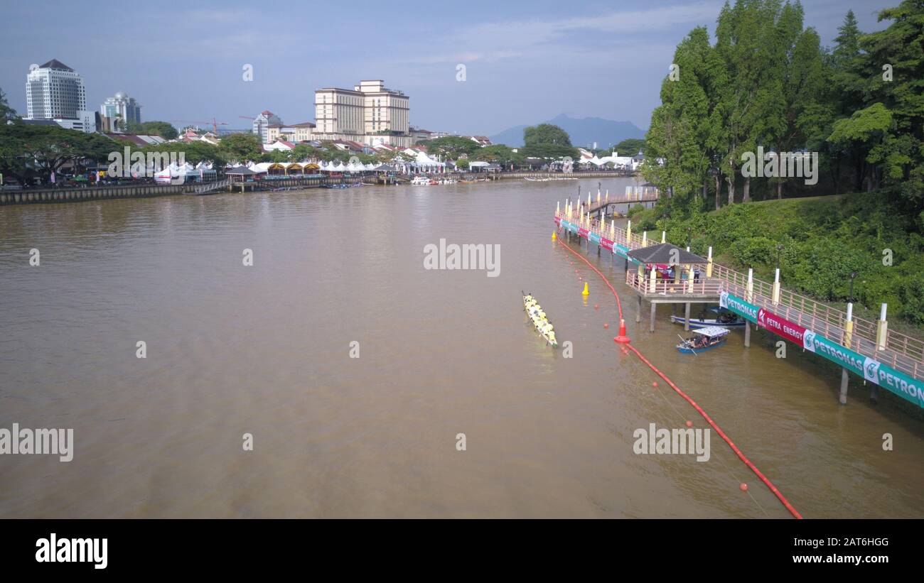 Aerial view of the Kuching city area, with the rivers, bridges, hills ...