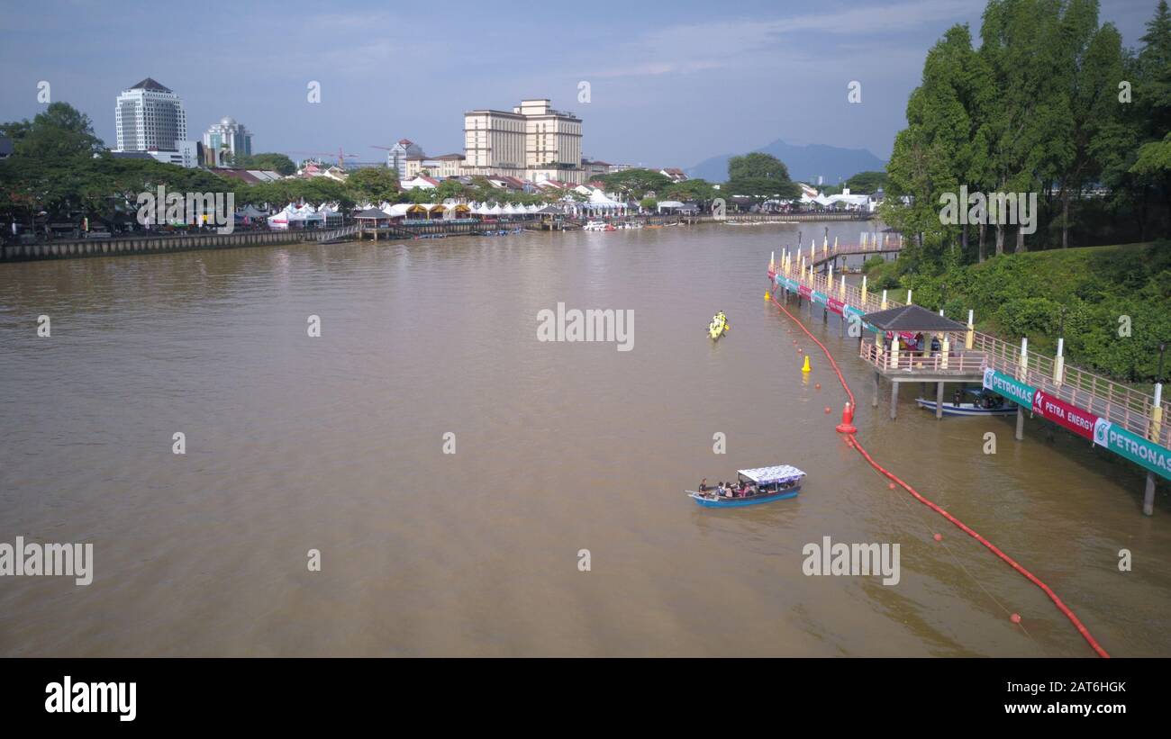 Aerial view of the Kuching city area, with the rivers, bridges, hills ...