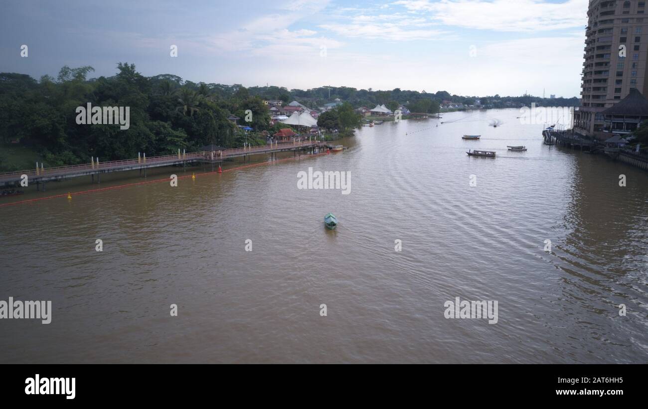 Aerial view of the Kuching city area, with the rivers, bridges, hills ...