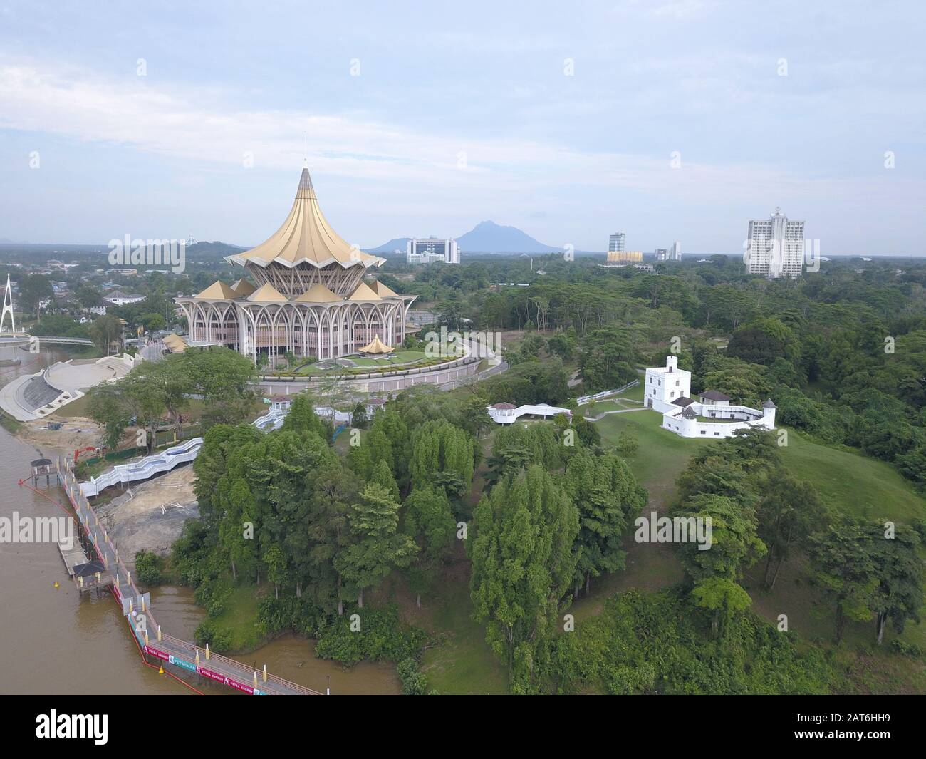 Aerial view of the Kuching city area, with the rivers, bridges, hills ...