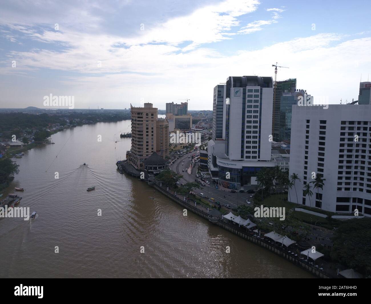 Aerial view of the Kuching city area, with the rivers, bridges, hills ...