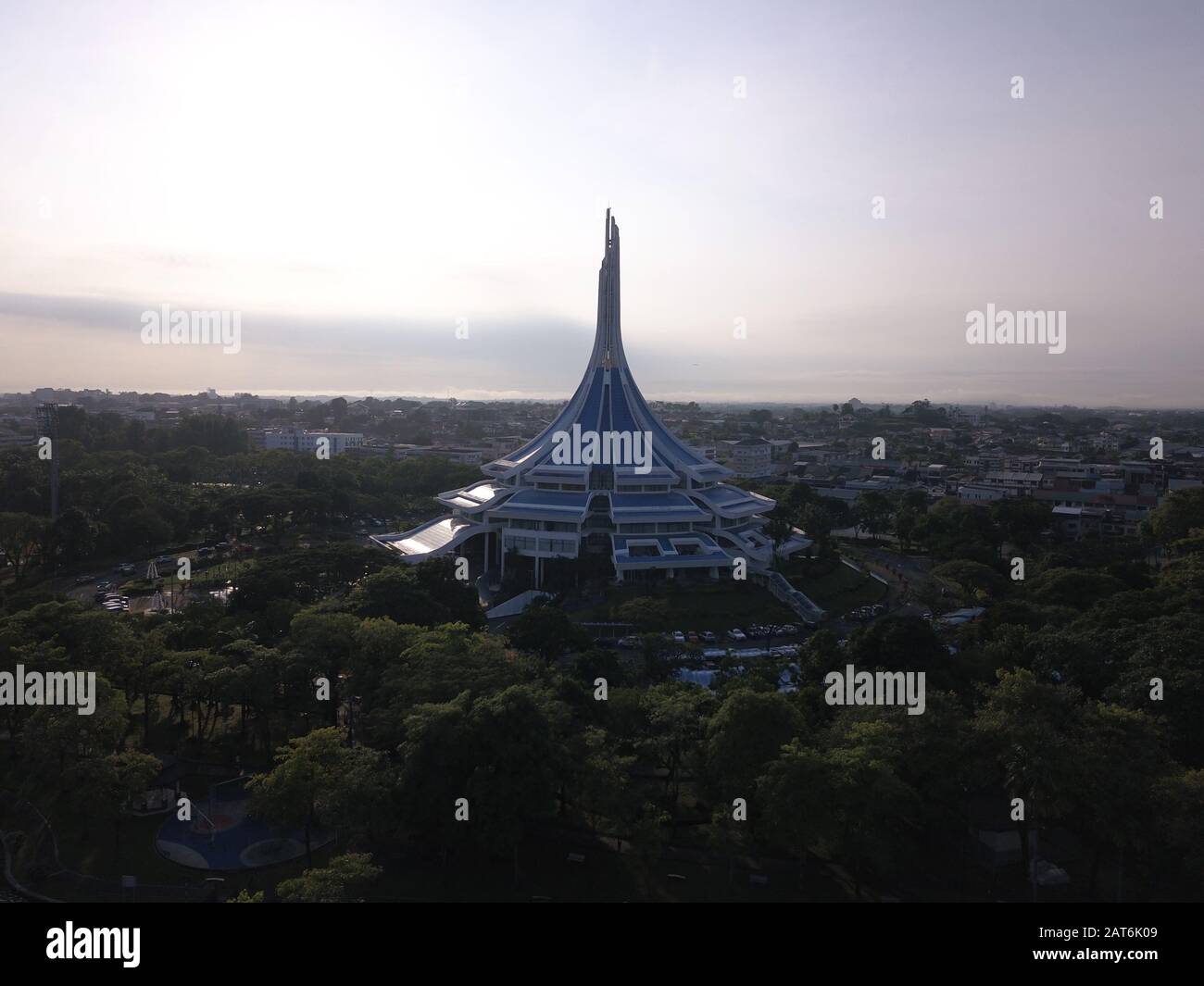 Aerial view of the Kuching city area, with the rivers, bridges, hills ...