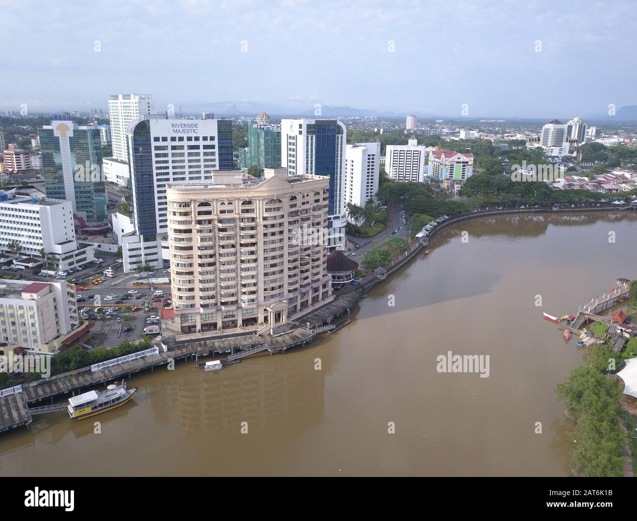 Aerial view of the Kuching city area, with the rivers, bridges, hills ...