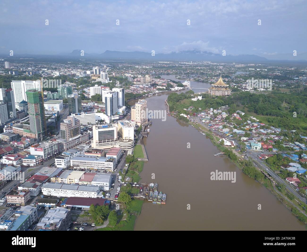 Aerial view of the Kuching city area, with the rivers, bridges, hills ...