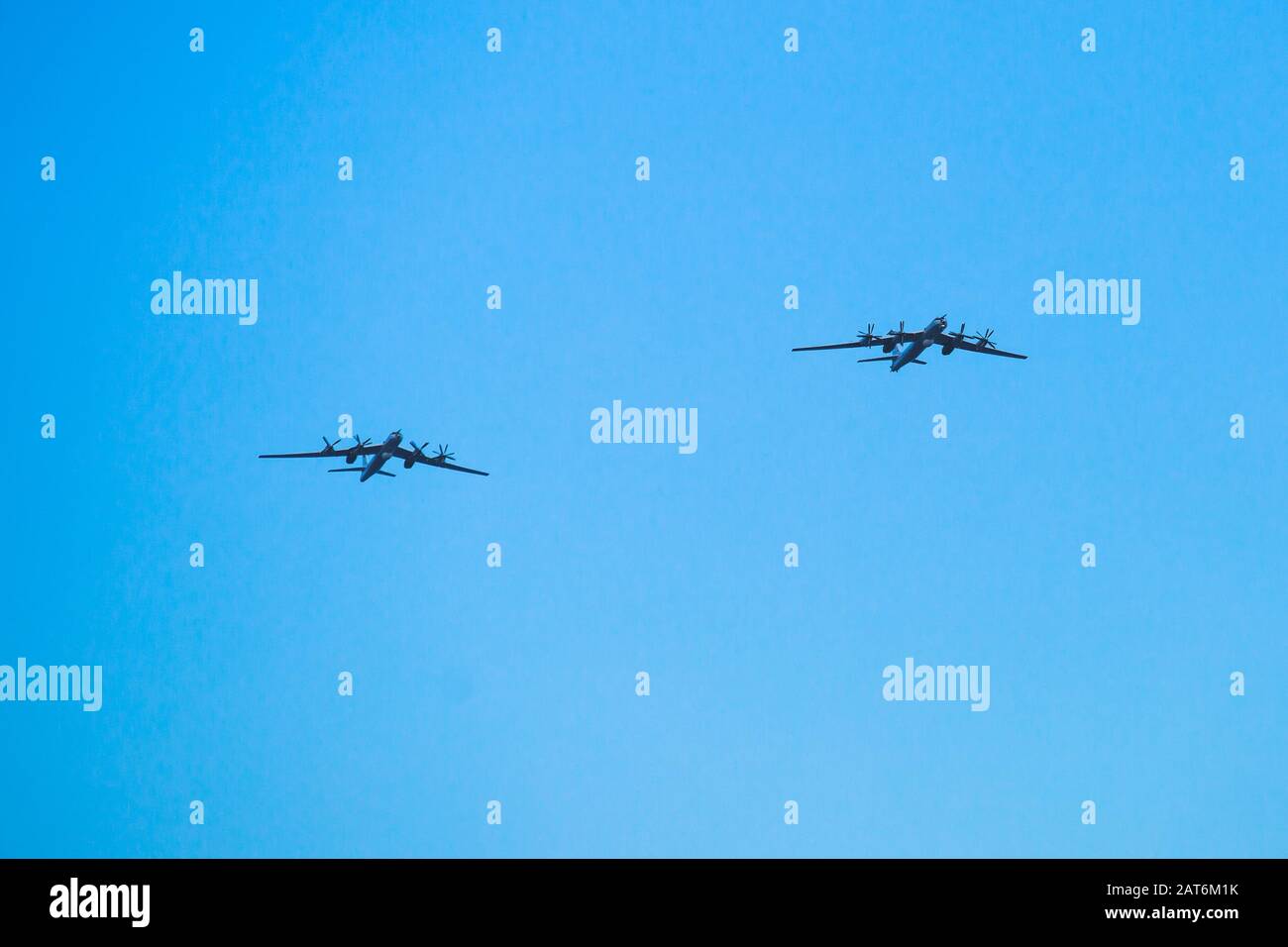 A squadron formation of russian attack aircrafts in the air, russian ...