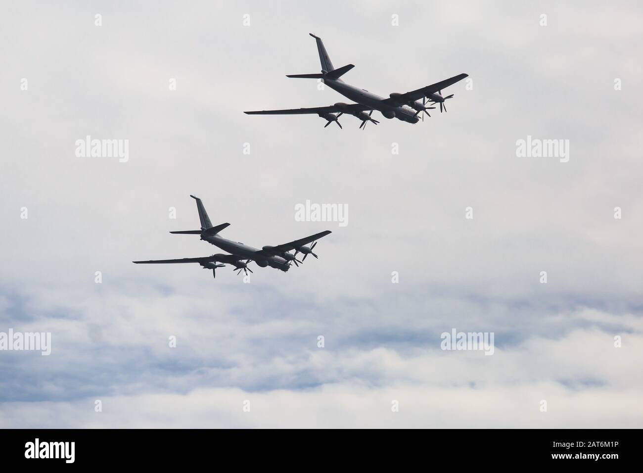 A squadron formation of russian attack aircrafts in the air, russian ...