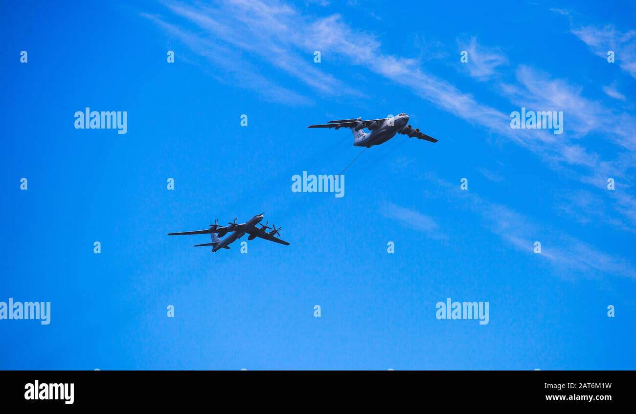 A squadron formation of russian attack aircrafts in the air, russian ...