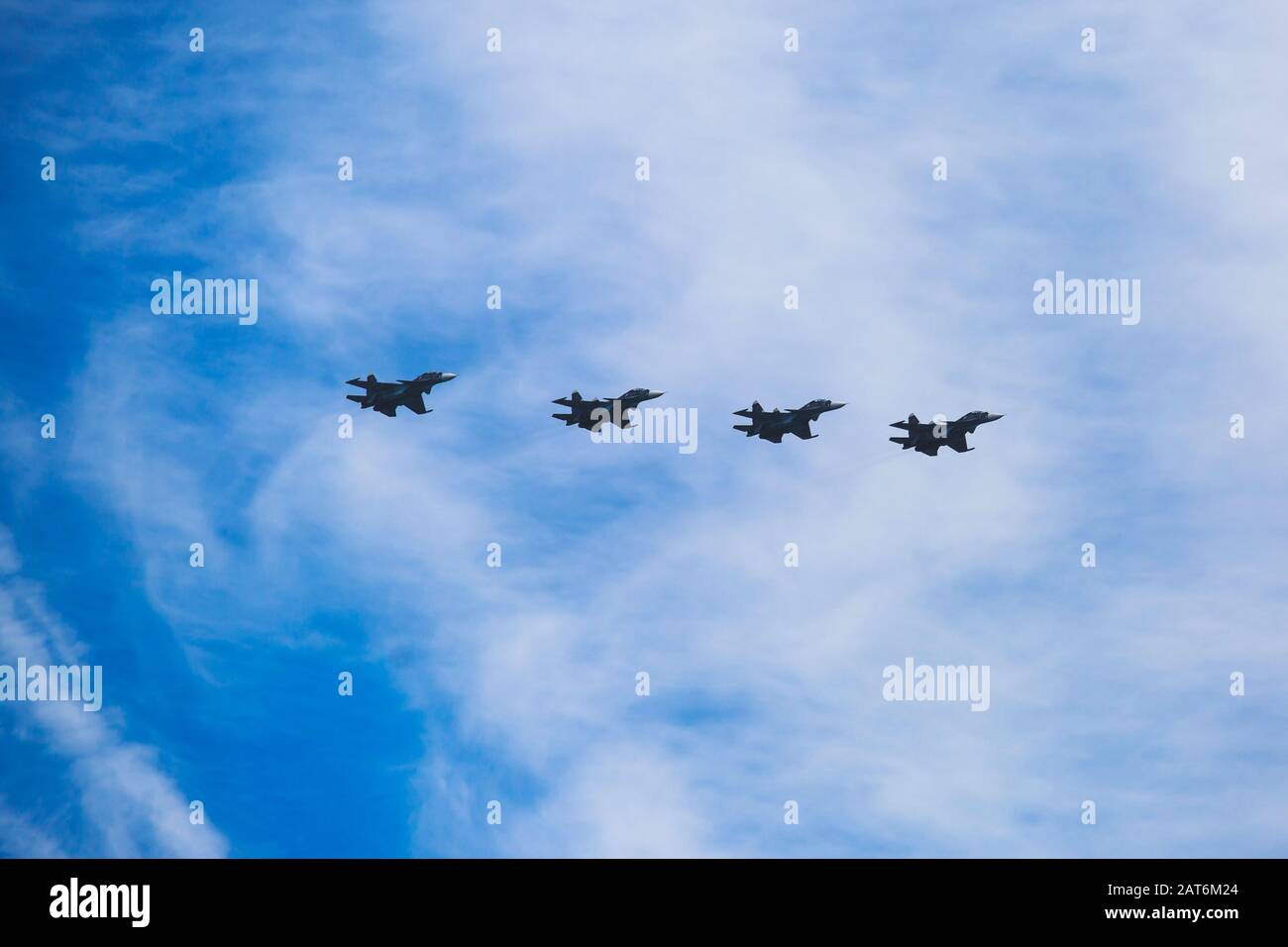 A squadron formation of russian attack aircrafts in the air, russian ...