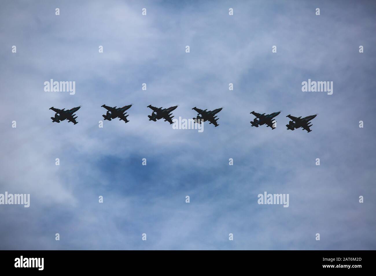 A squadron formation of russian attack aircrafts in the air, russian ...