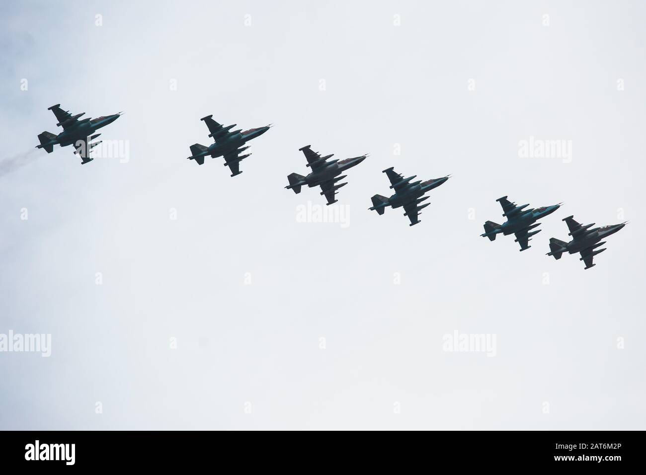 A squadron formation of russian attack aircrafts in the air, russian ...