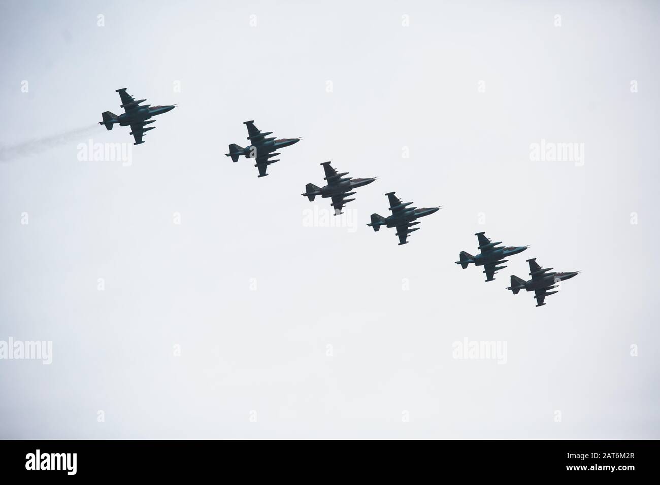 A squadron formation of russian attack aircrafts in the air, russian ...