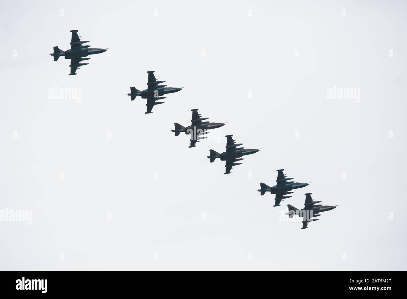 A squadron formation of russian attack aircrafts in the air, russian ...