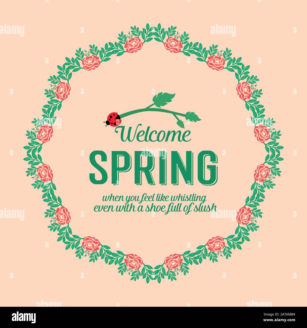 Elegant welcome spring greeting card design, with seamless leaf and ...