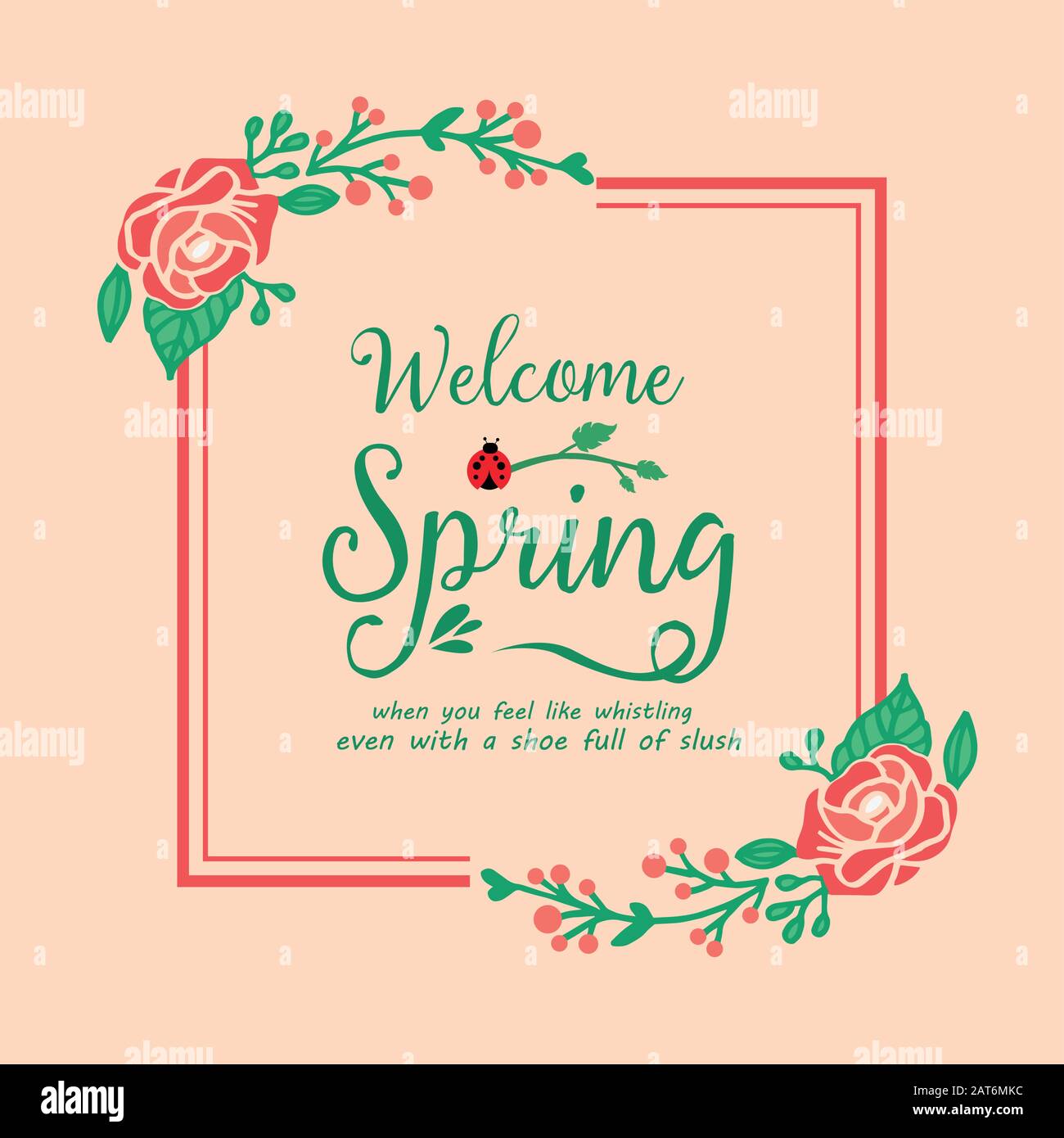 Element design of leaves and rose wreath frame, for welcome spring ...