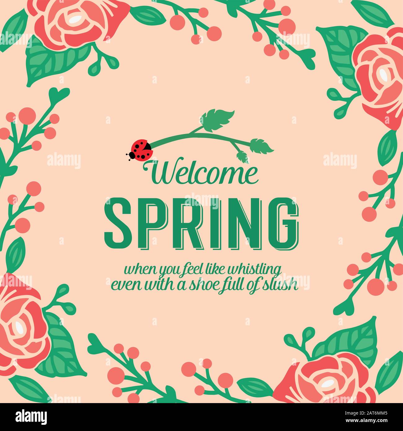 Element design of leaves and rose wreath frame, for welcome spring ...