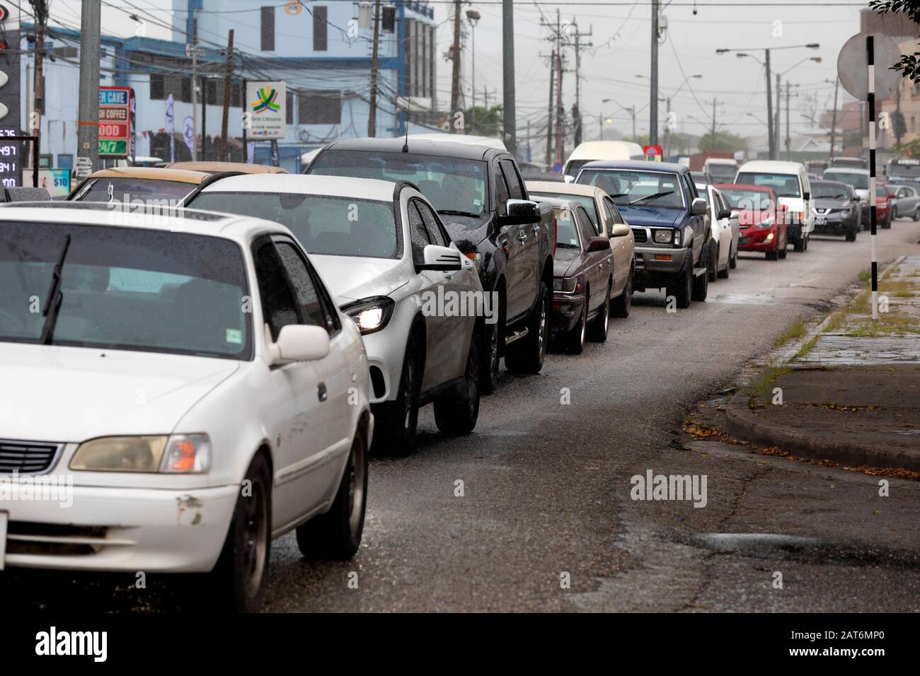 Heavy traffic during rush hour on Wrightson Road, Port of Spain ...