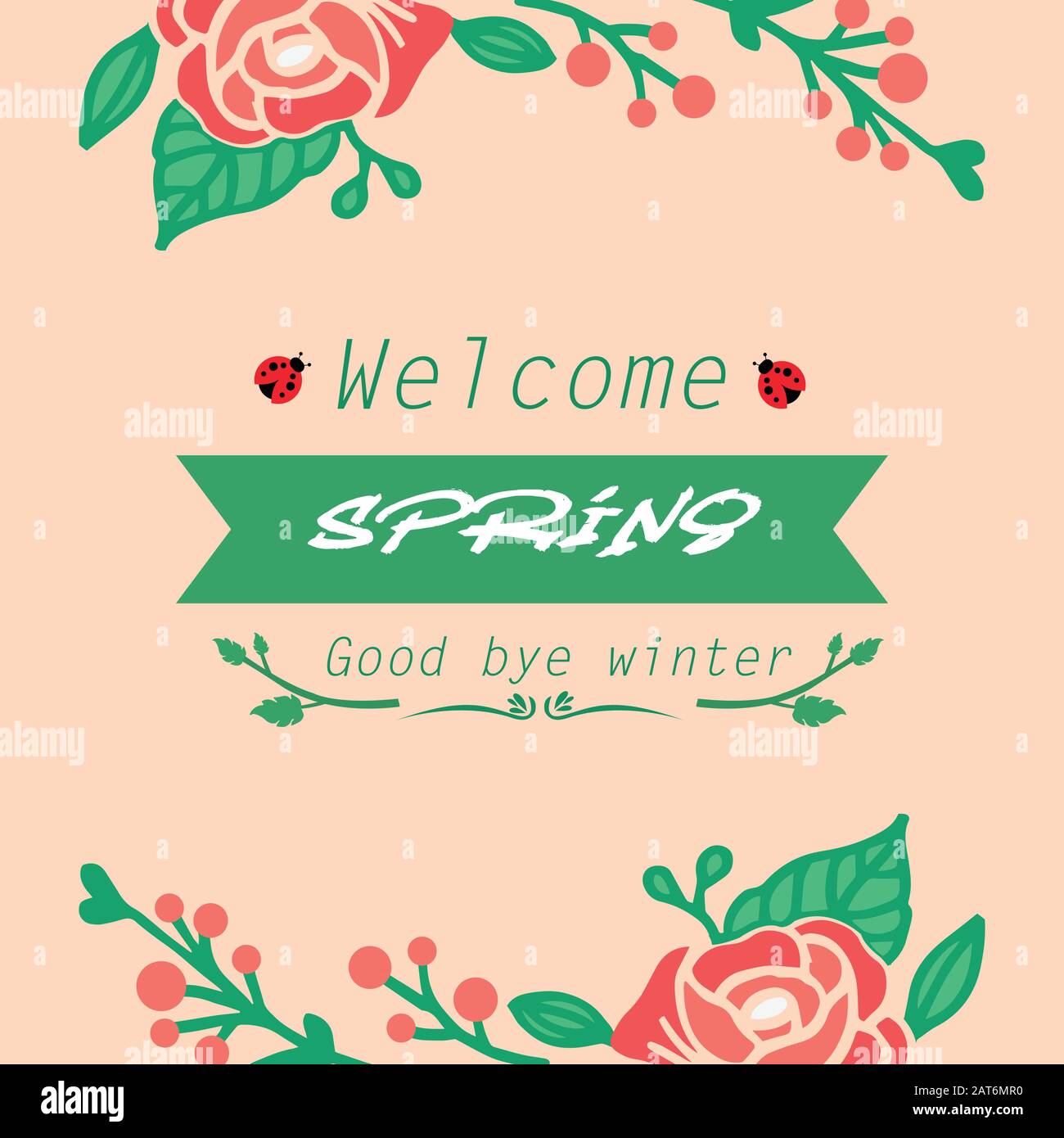 Element design of leaves and rose wreath frame, for welcome spring ...