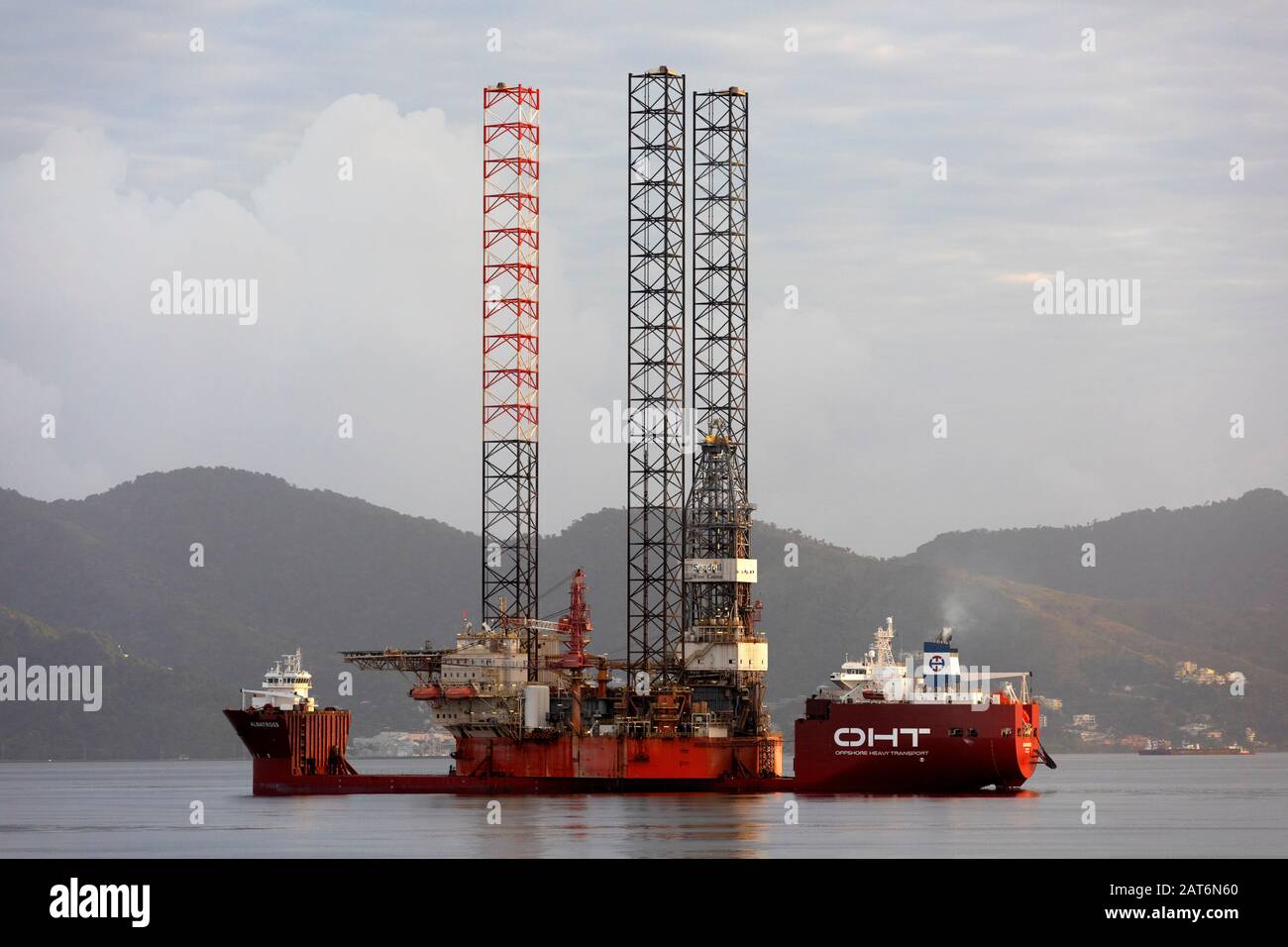 Drilling equipment on a heavy lift ship, Gulf of Paria, Trinidad and ...