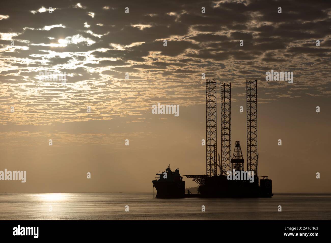 Heavy-lift ship, Sunrise over Gulf of Paria, Trinidad and Tobago Stock ...