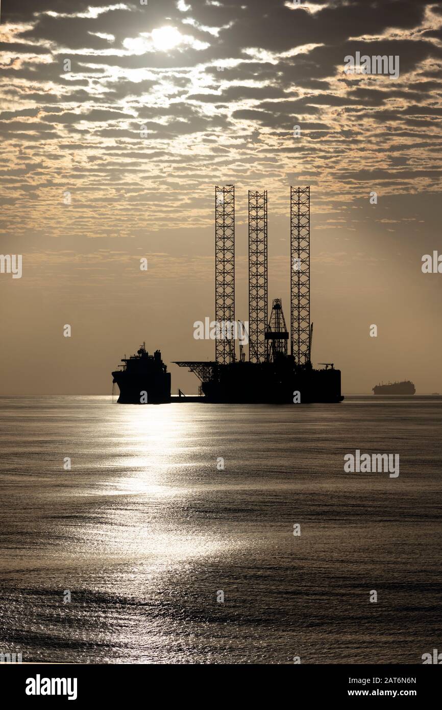 Heavy-lift ship, Sunrise over Gulf of Paria, Trinidad and Tobago Stock ...