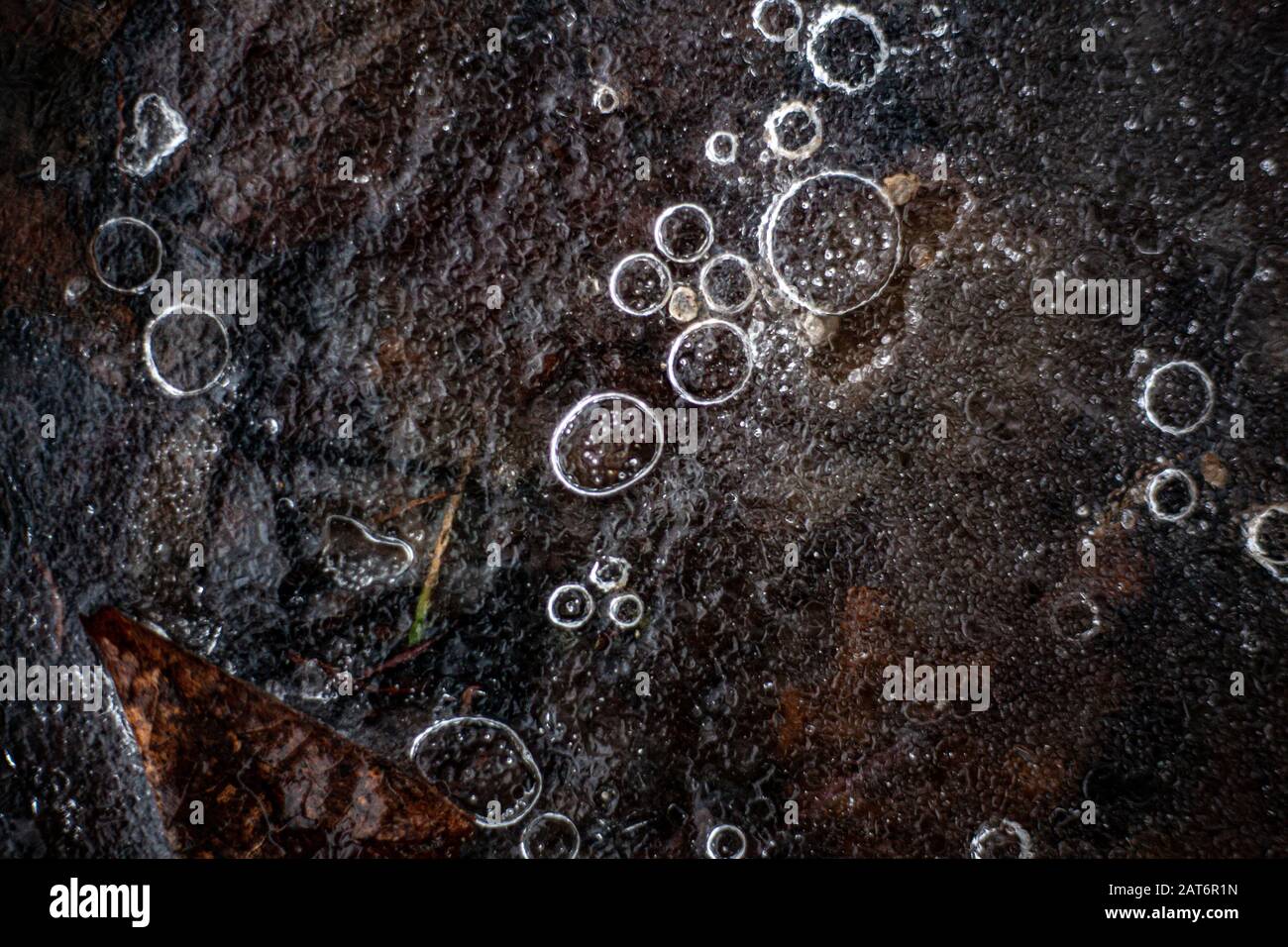 Bubbles of air in frozen water. The texture of the ice in nature ...