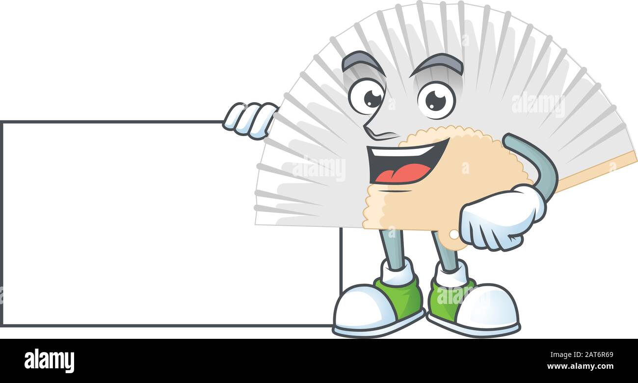 Cheerful white chinese folding fan cartoon character having a board ...