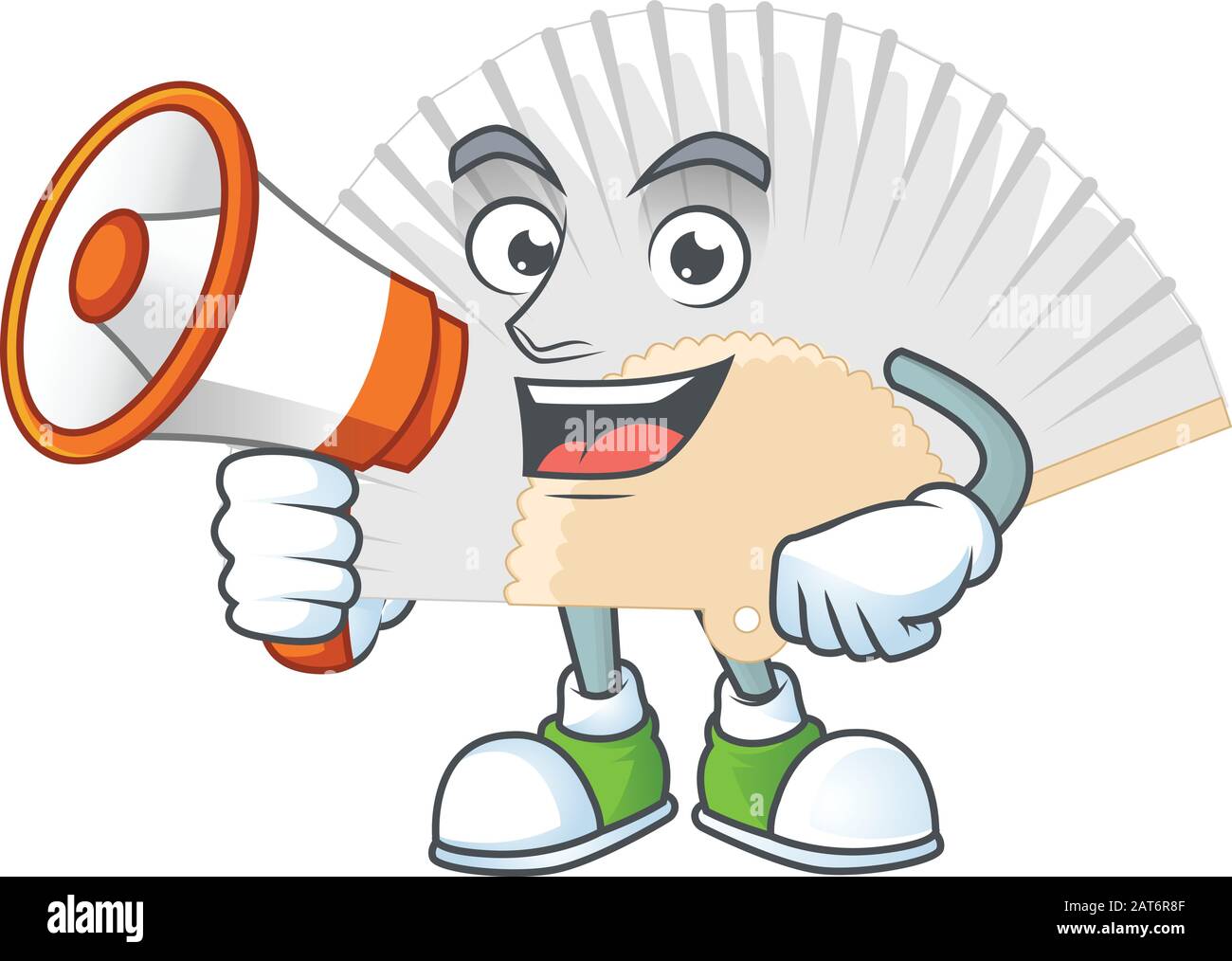 Cool cartoon character of white chinese folding fan holding a megaphone ...