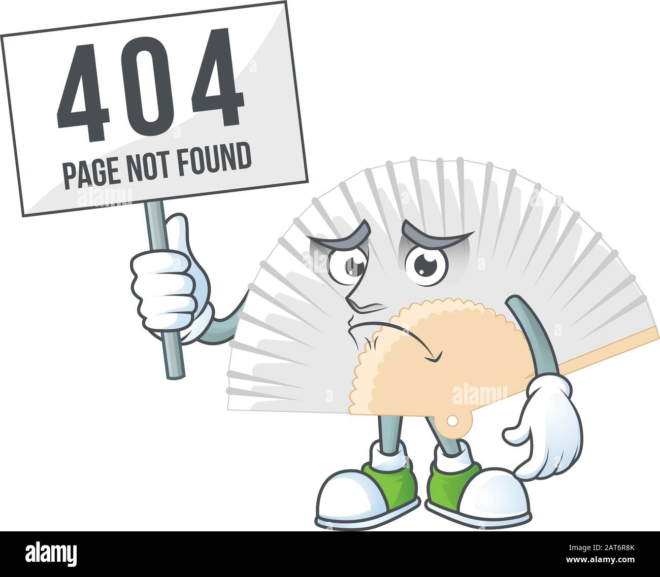 sad face mascot style of white chinese folding fan raised up a board ...