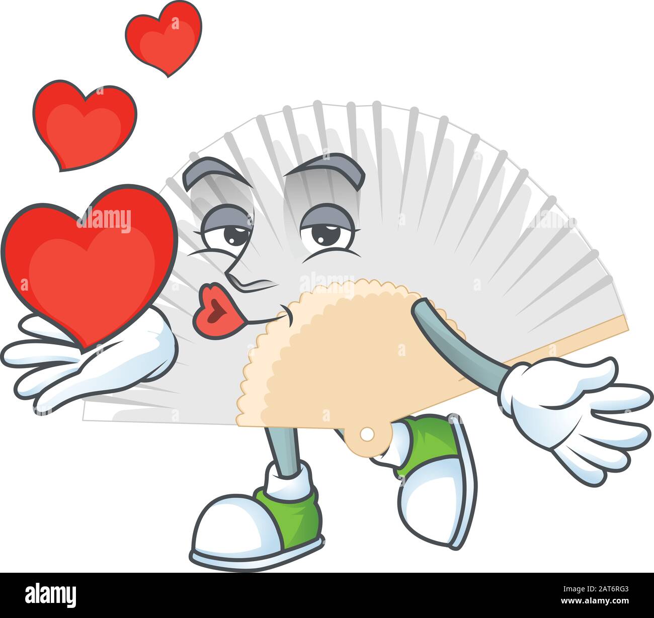 Funny Face white chinese folding fan cartoon character holding a heart ...