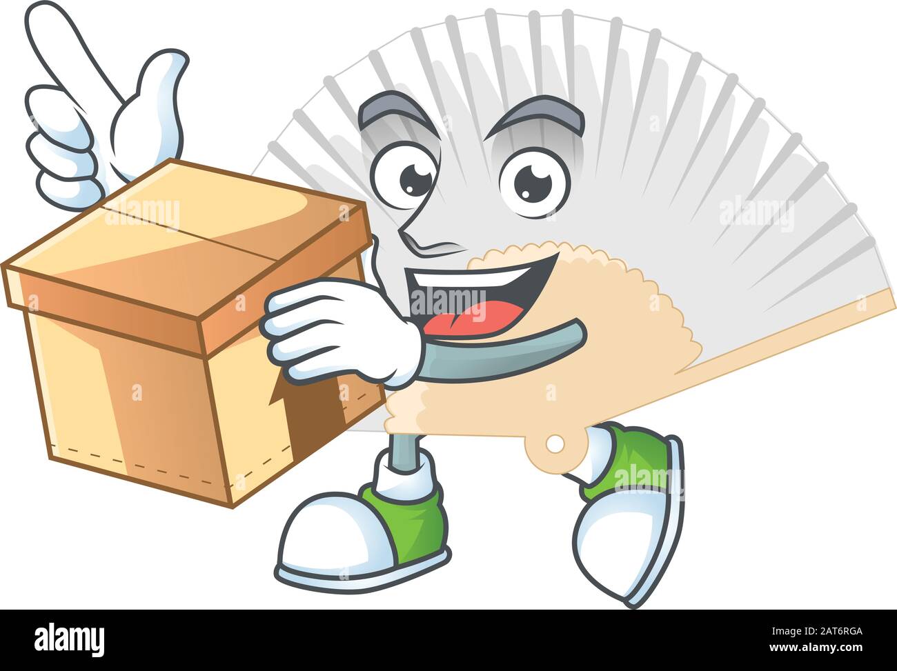 Cute white chinese folding fan cartoon character having a box Stock ...