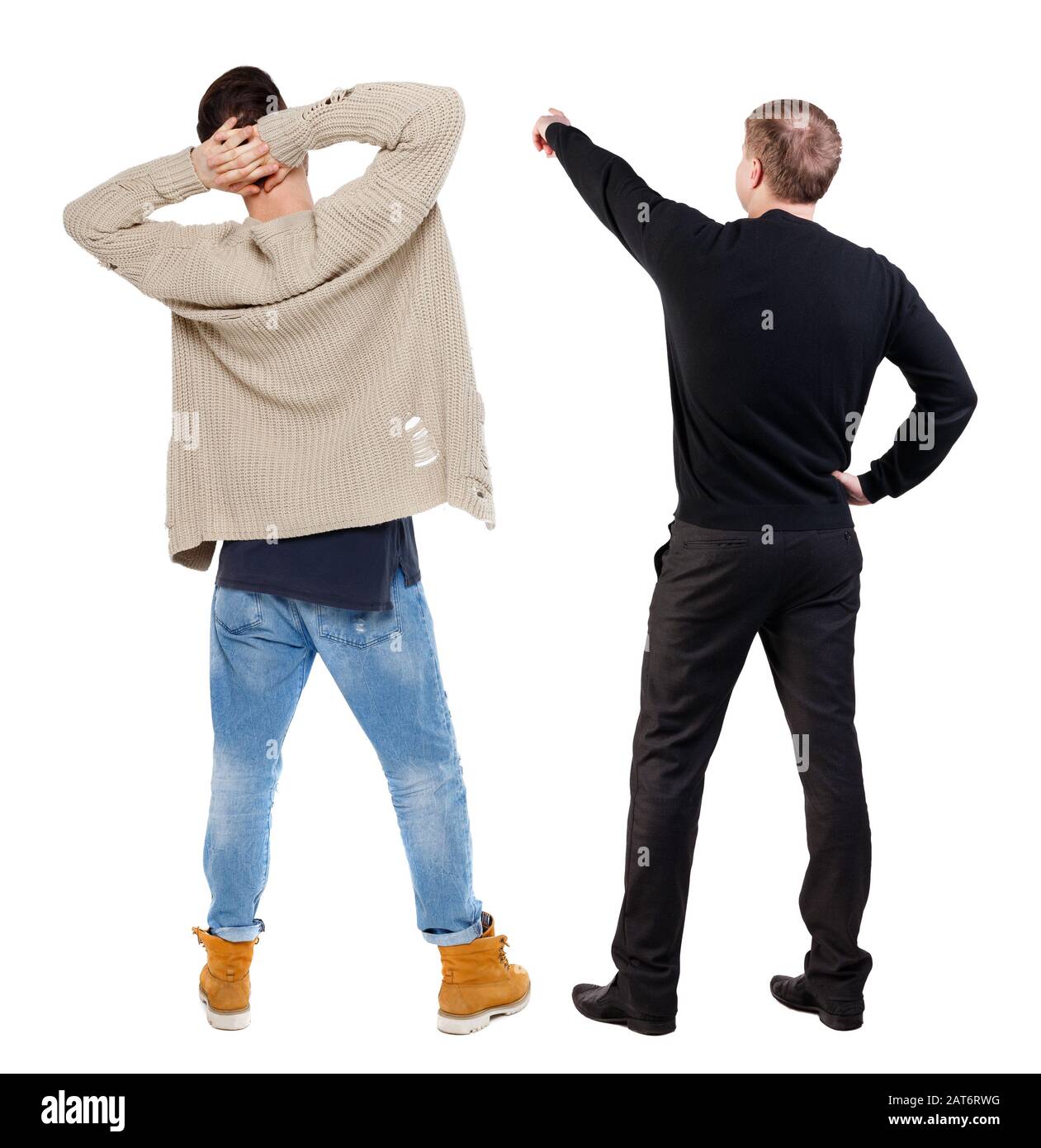 Back view of two man in sweater pointing. Rear view people collection ...
