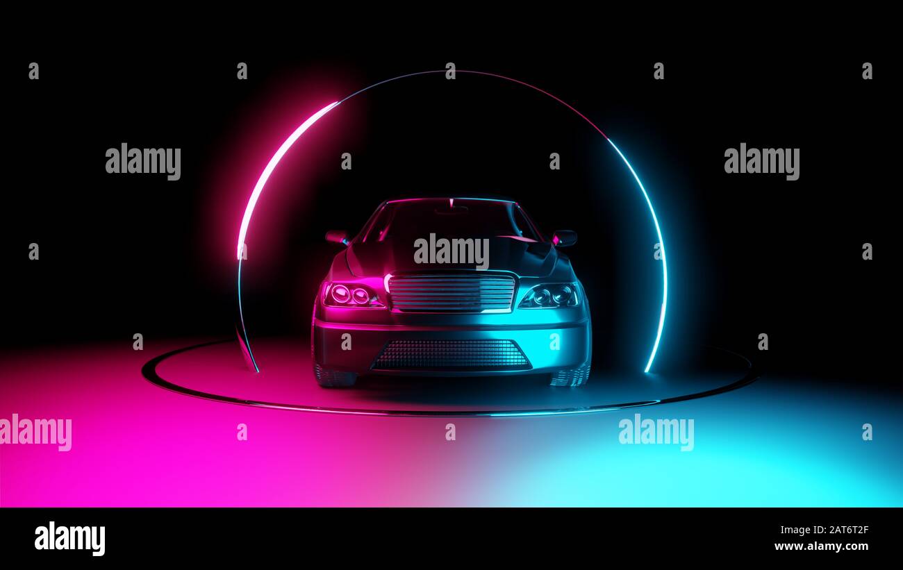 Car with neon light circle frames on dark background. 3D illustration ...