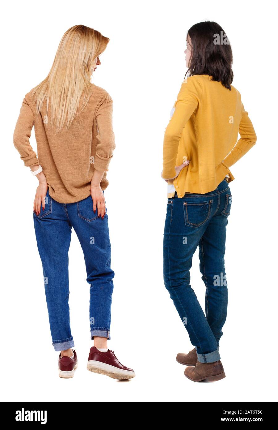 Back view of two woman in sweater. beautiful friendly girl and guy ...