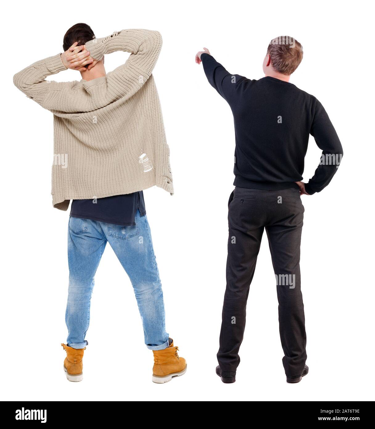 Back view of two man in sweater pointing. Rear view people collection ...