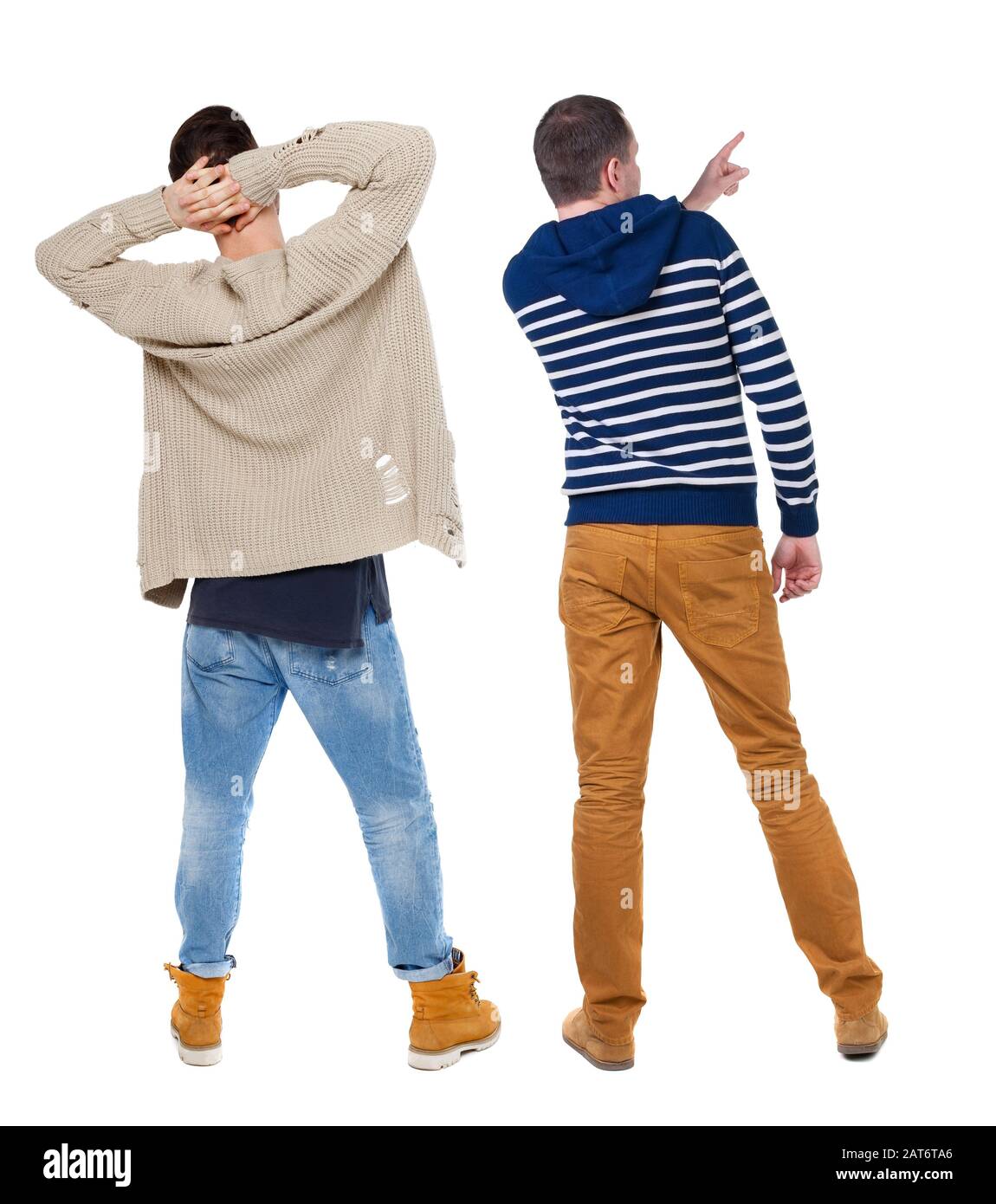 Back view of two man in sweater pointing. Rear view people collection ...