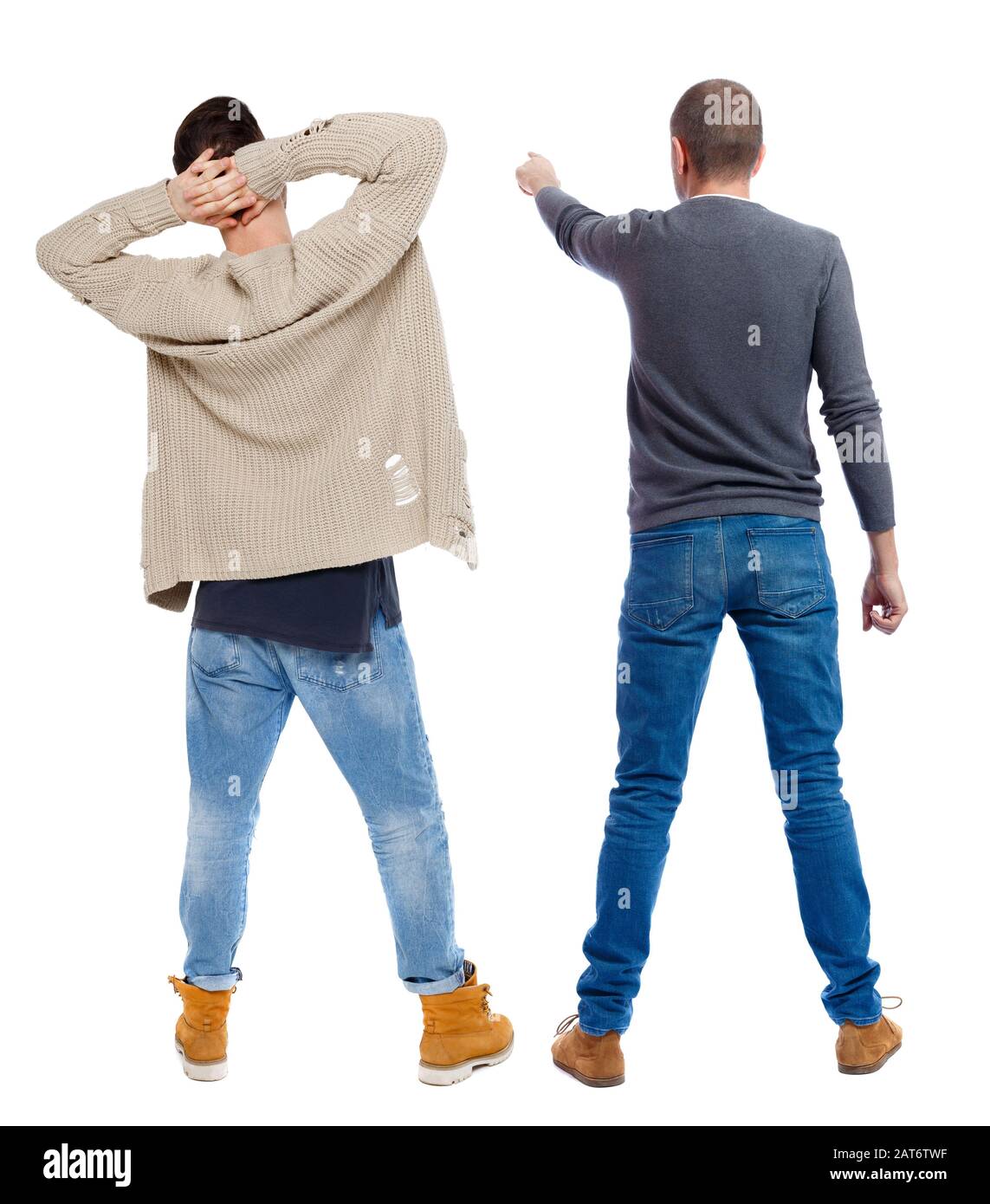 Back view of two man in sweater pointing. Rear view people collection ...