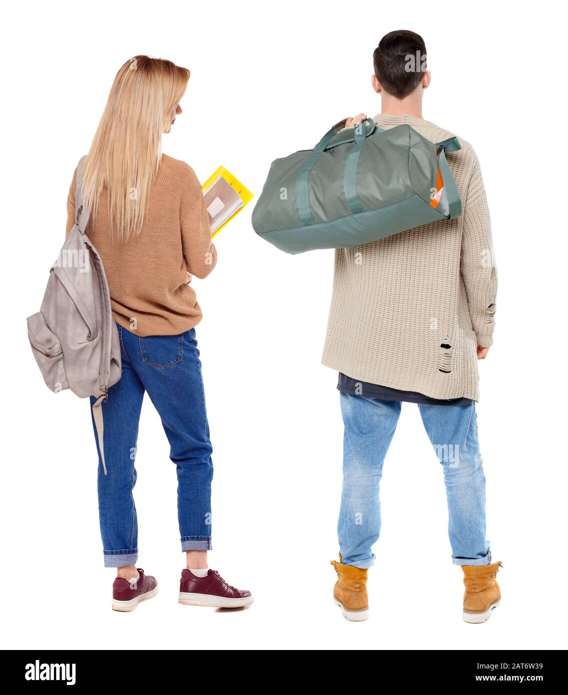 Back view of couple in sweater. beautiful friendly girl and guy ...