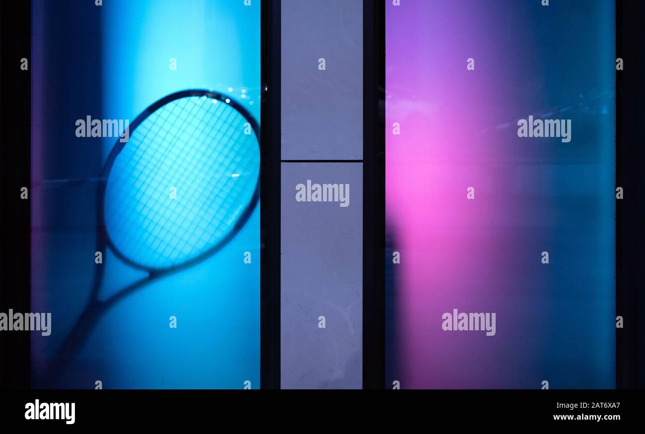 Modern tennis club window site, milk glass tennis racket silhuette blue ...