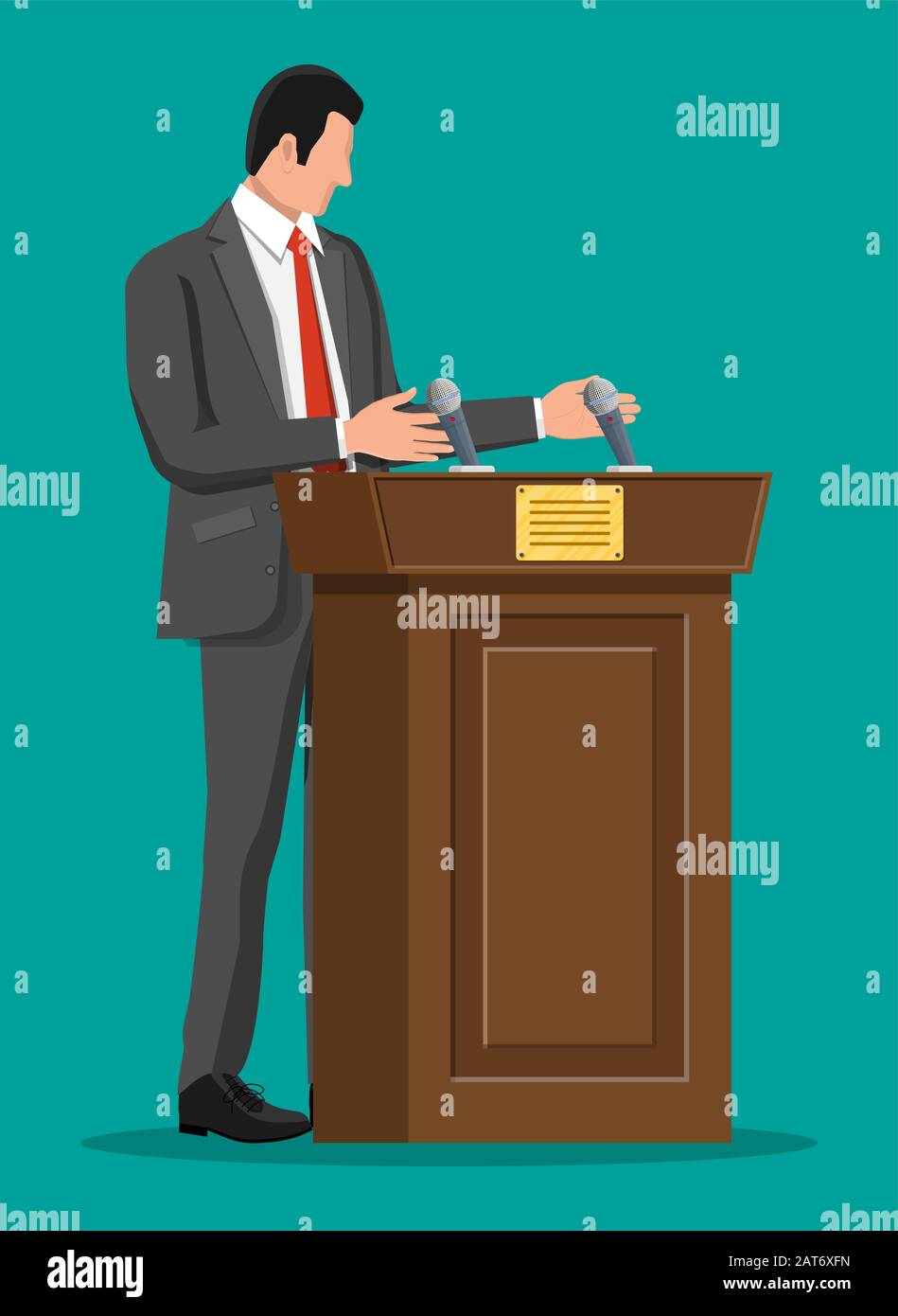 Brown wooden rostrum with microphones Stock Vector Image & Art - Alamy