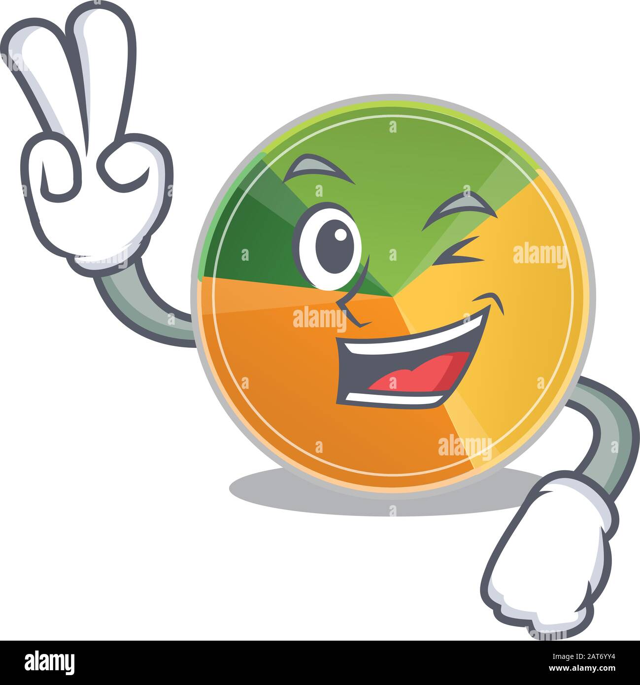 Smiley mascot of pie chart cartoon Character with two fingers Stock ...