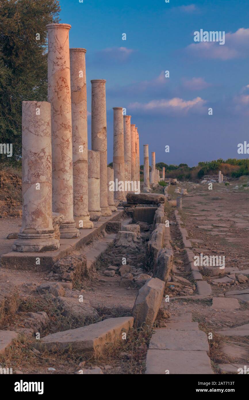 Ancient ruins in Side (Turkey) at sunset Stock Photo - Alamy
