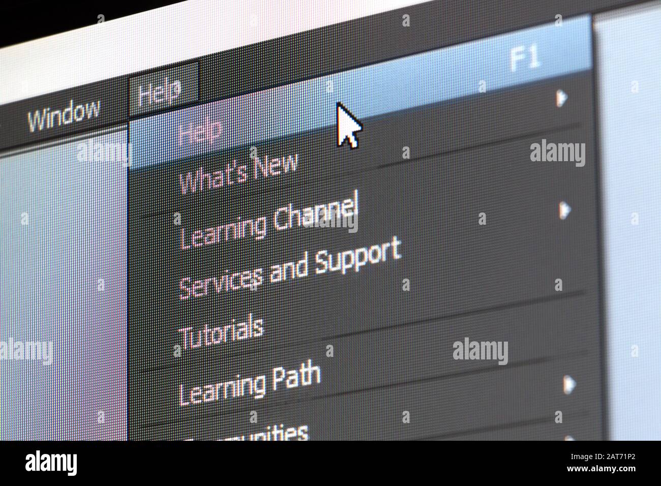 Software menu with help command and mouse cursor on it Stock Photo - Alamy