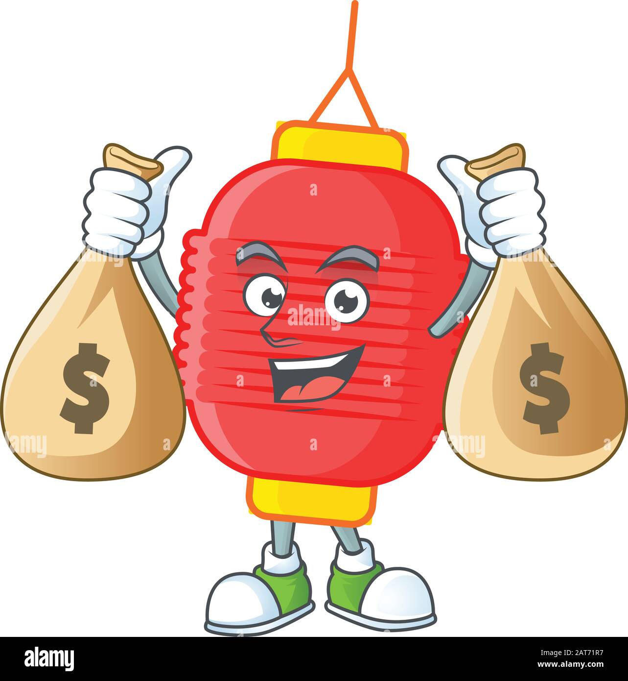 A picture of rich chinese lantern cartoon character with two money bags ...